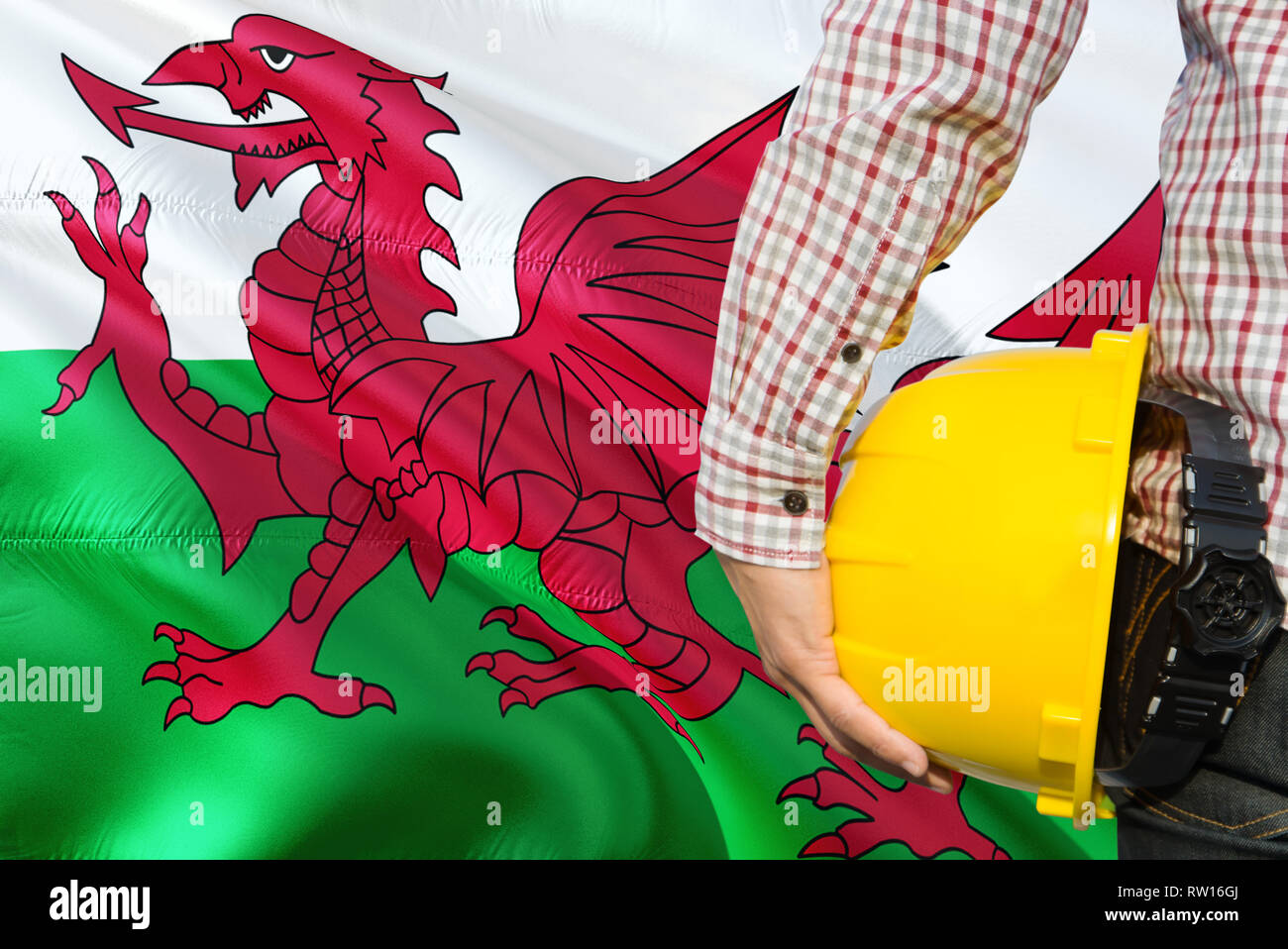 Welsh Engineer is holding yellow safety helmet with waving Wales flag ...