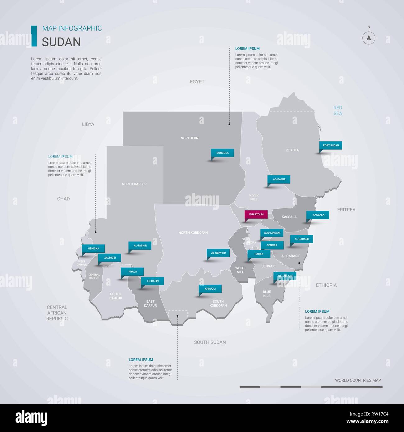 Sudan vector map with infographic elements, pointer marks. Editable ...