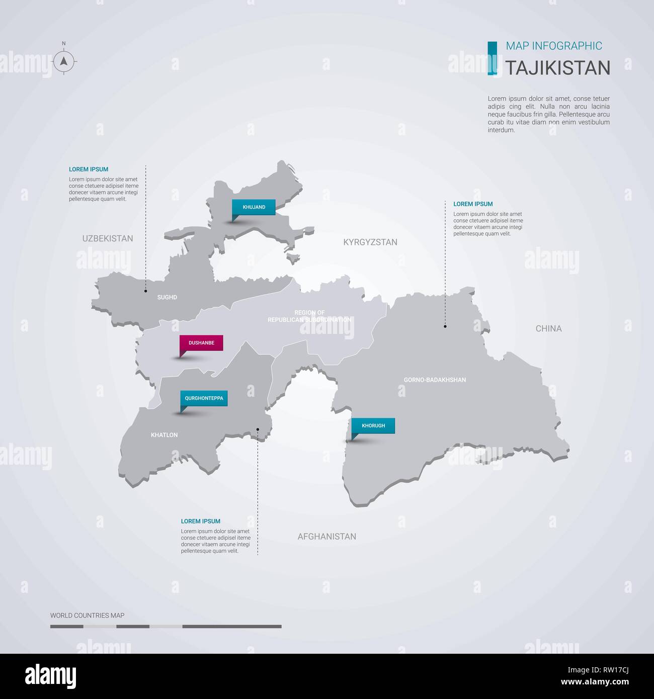 Tajikistan vector map with infographic elements, pointer marks ...