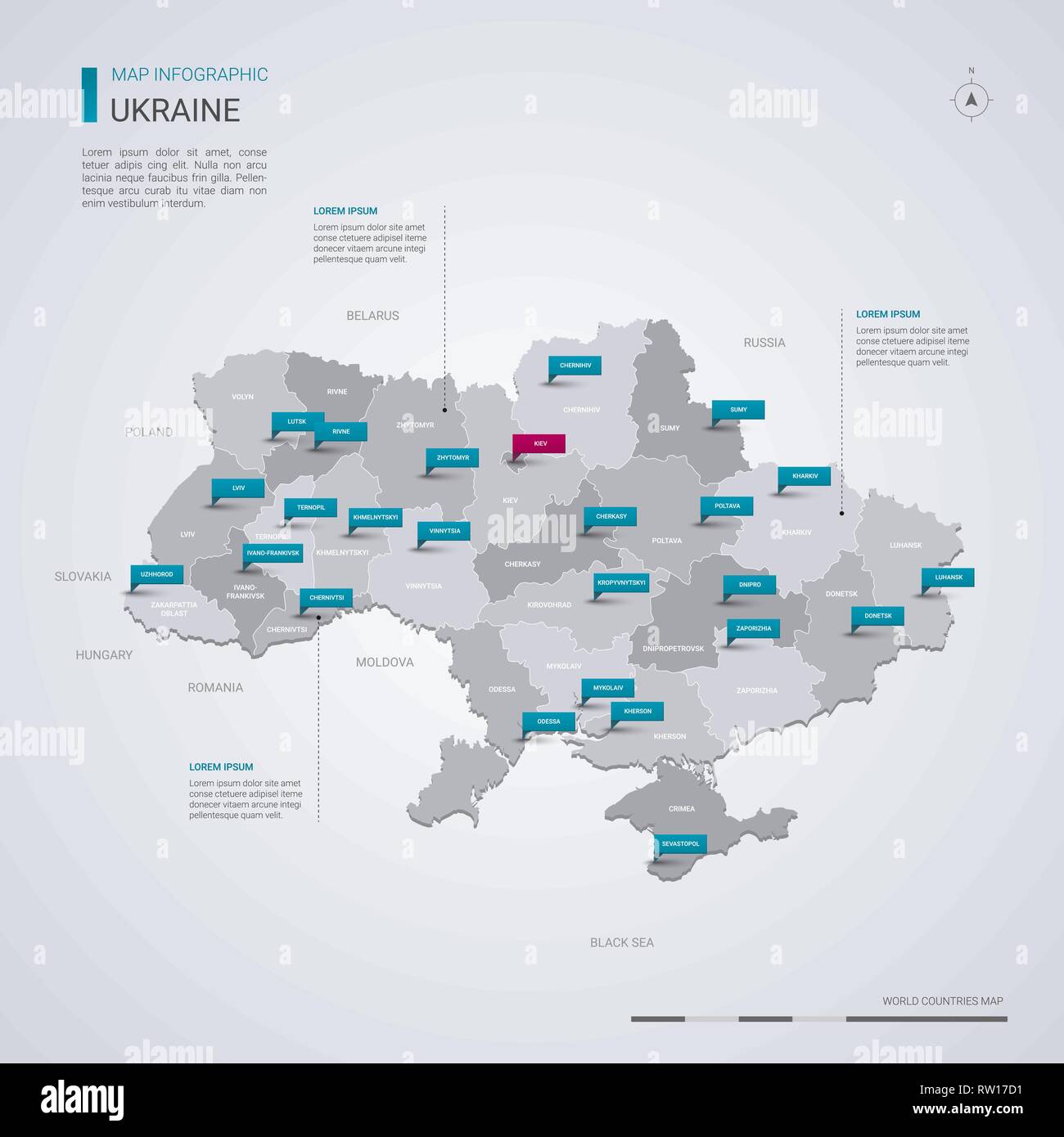Ukraine vector map with infographic elements, pointer marks. Editable ...