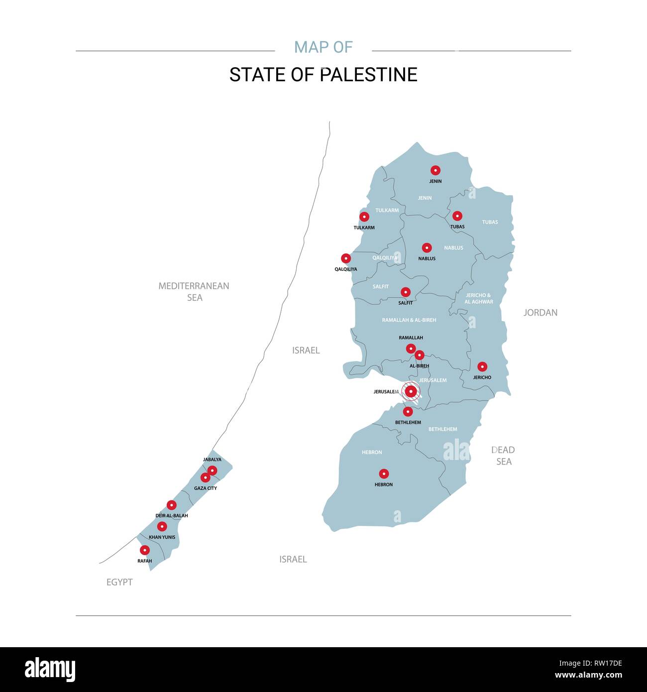 Palestine vector map. Editable template with regions, cities, red pins ...