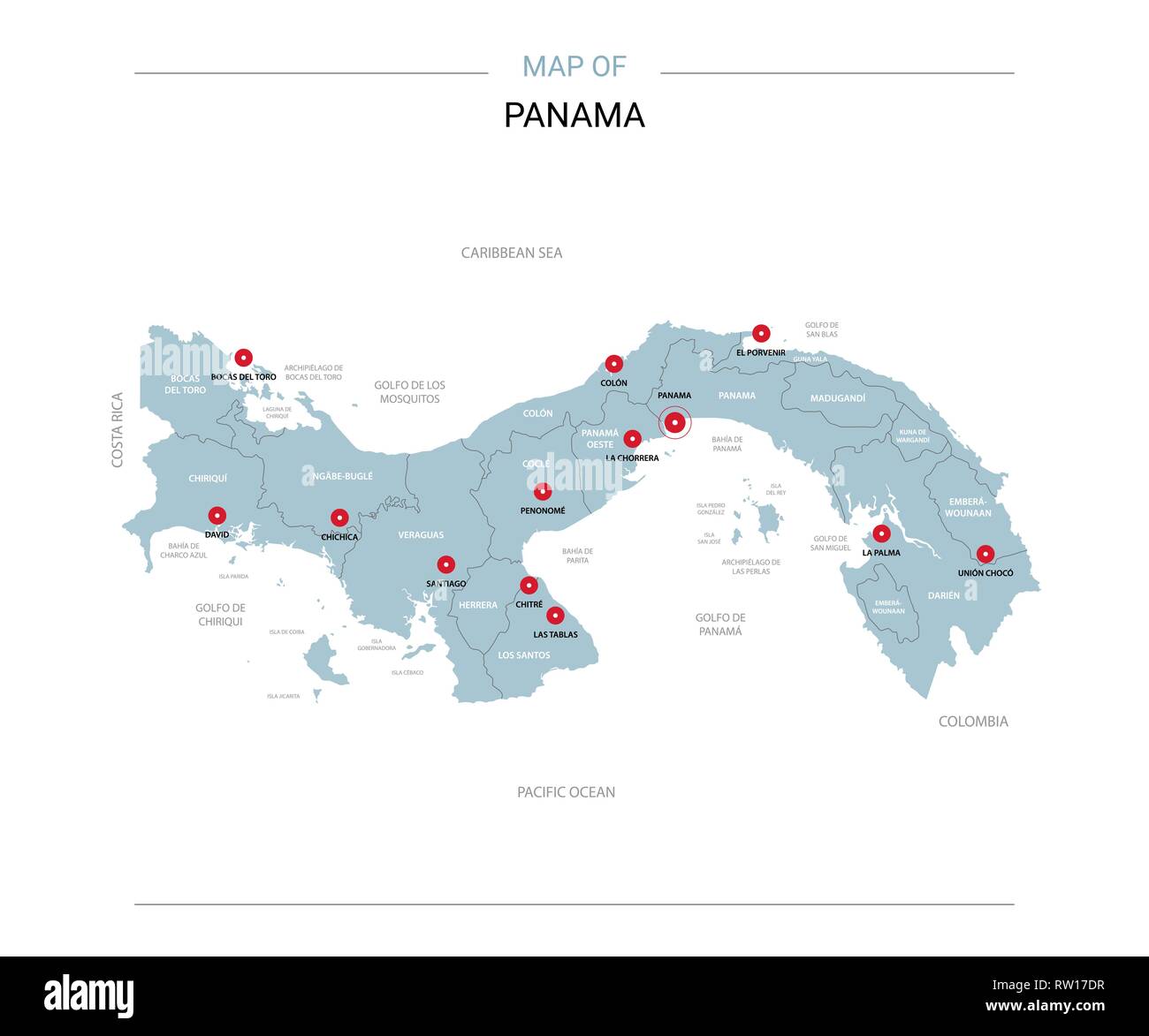 Panama vector map. Editable template with regions, cities, red pins and ...