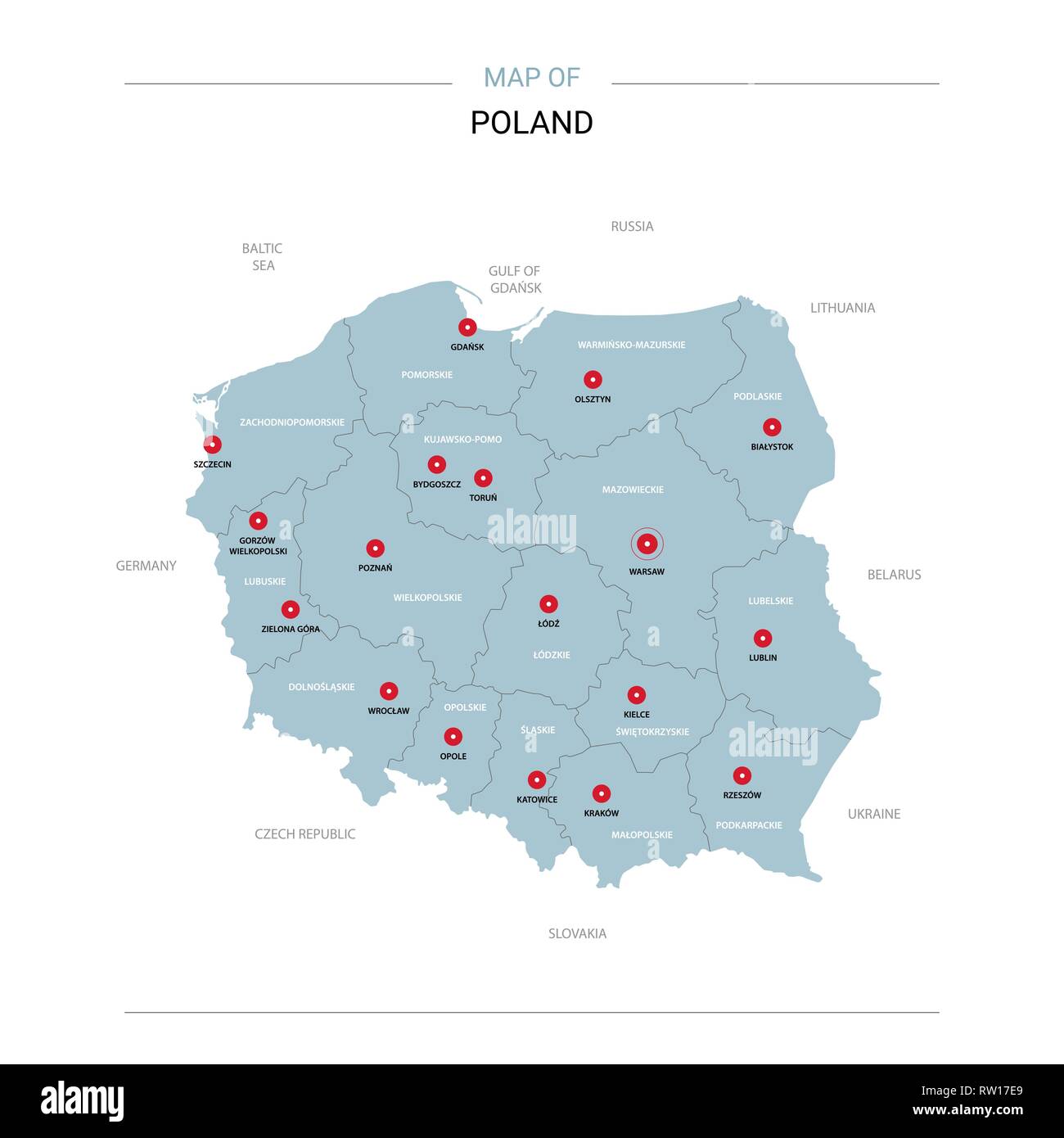 Poland vector map. Editable template with regions, cities, red pins and ...