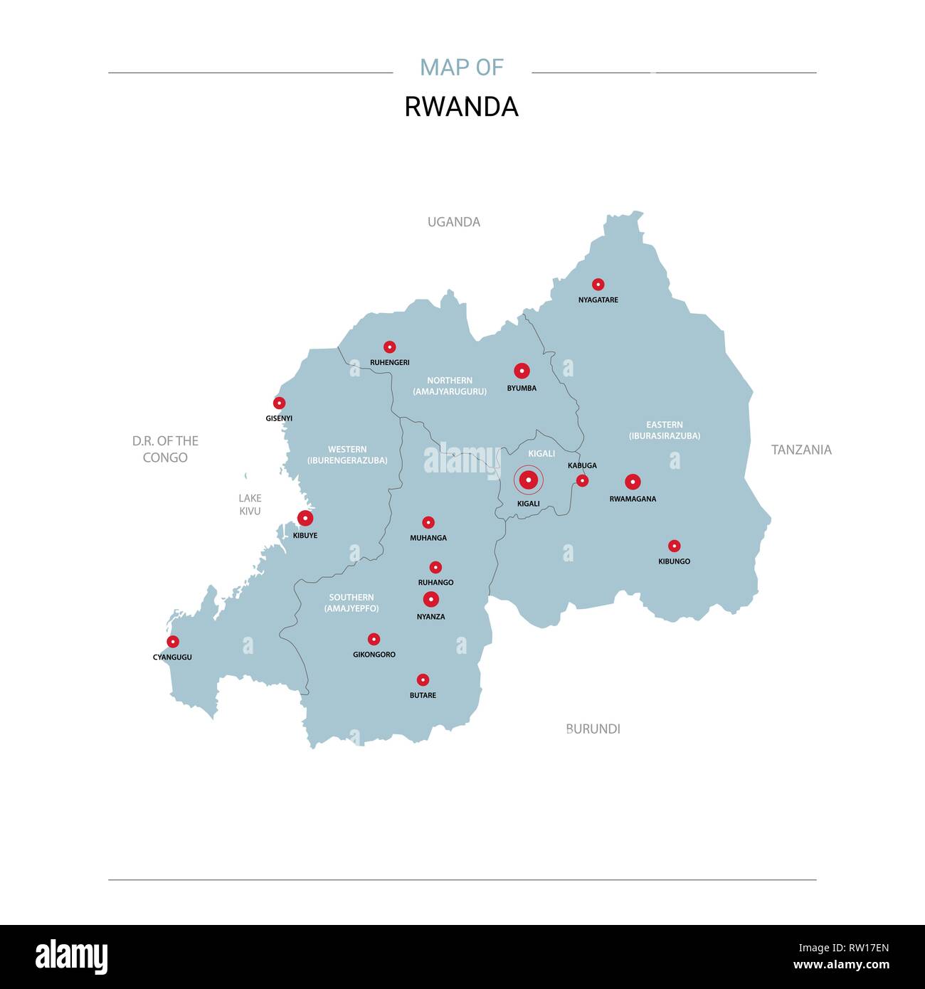 Rwanda vector map. Editable template with regions, cities, red pins and ...