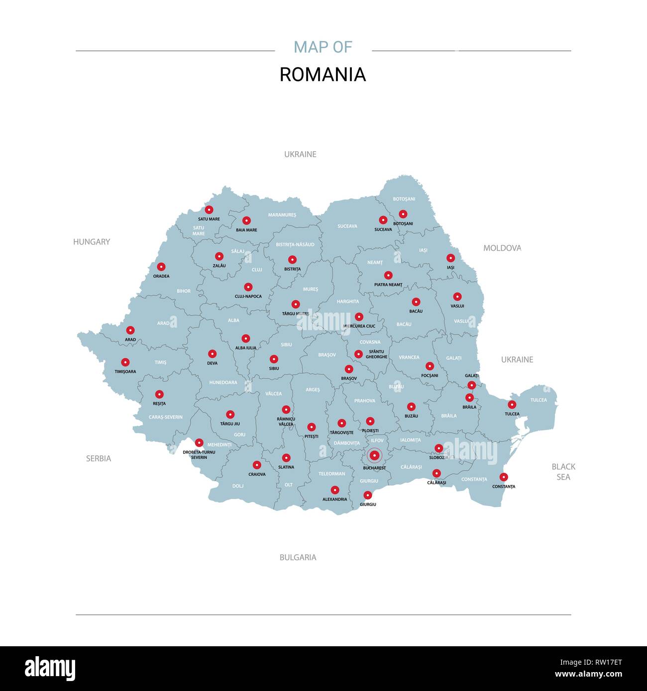 Romania vector map. Editable template with regions, cities, red pins ...