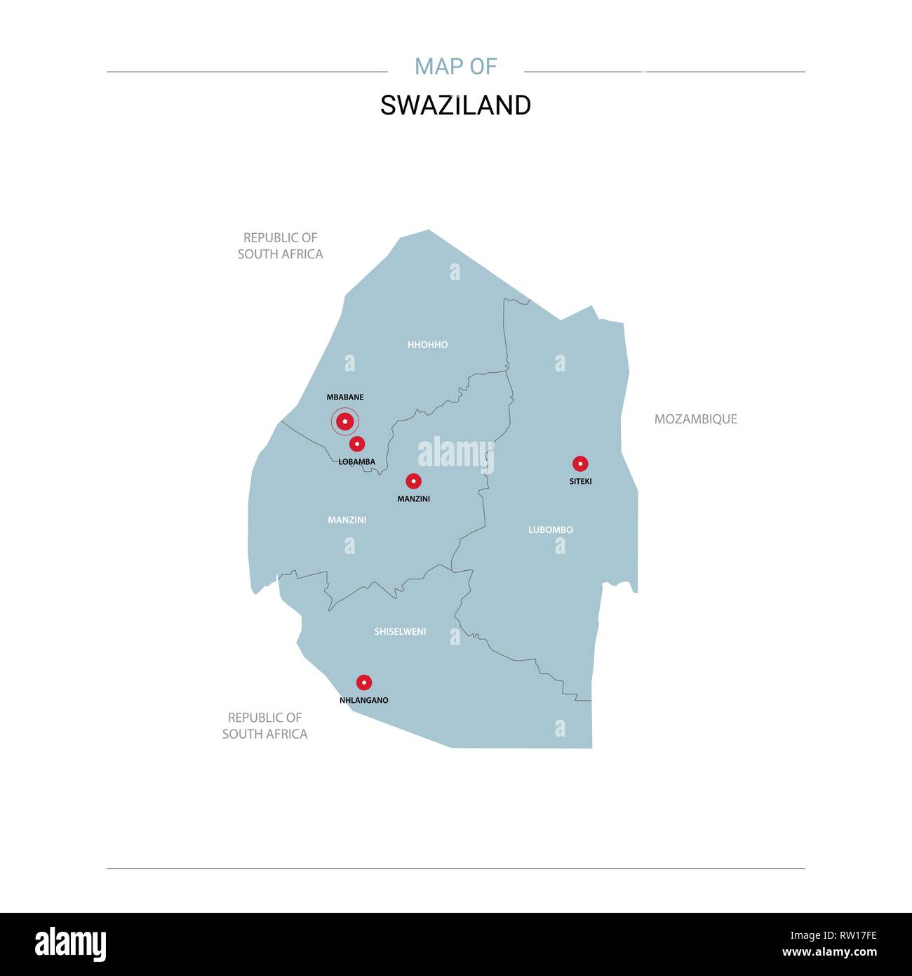 Swaziland vector map. Editable template with regions, cities, red pins ...