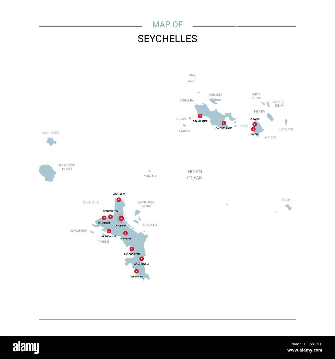 Seychelles vector map. Editable template with regions, cities, red pins ...