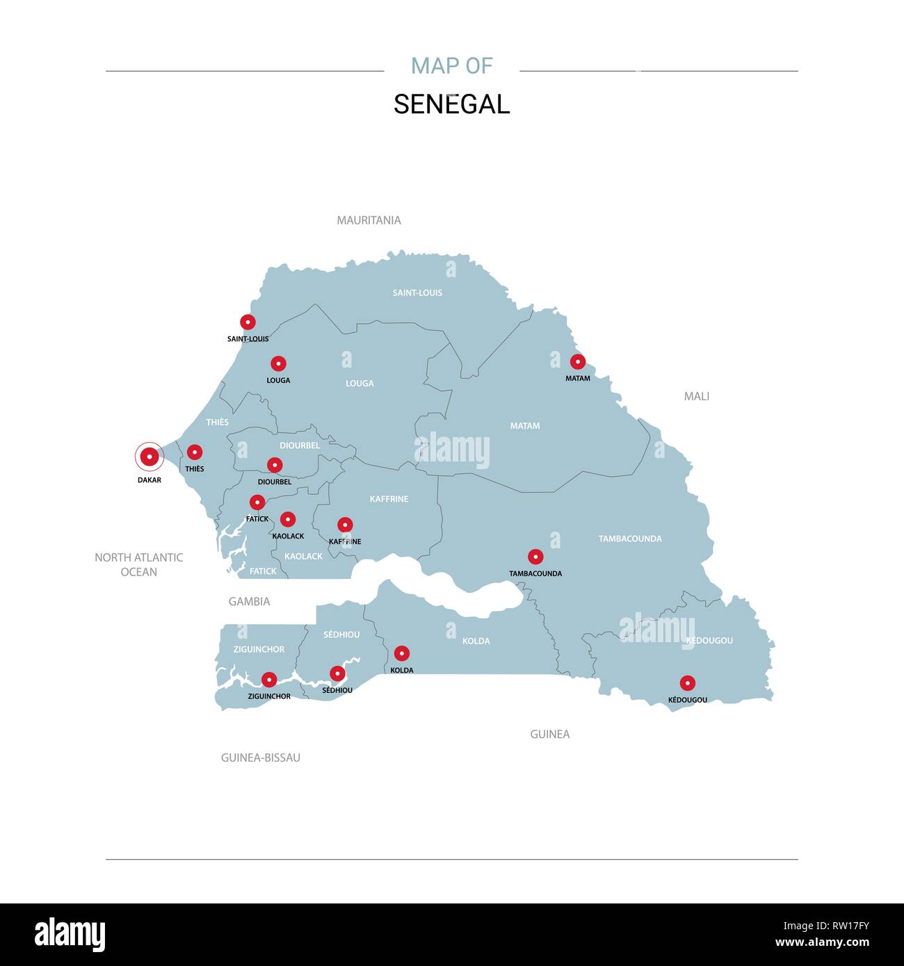 Senegal vector map. Editable template with regions, cities, red pins ...