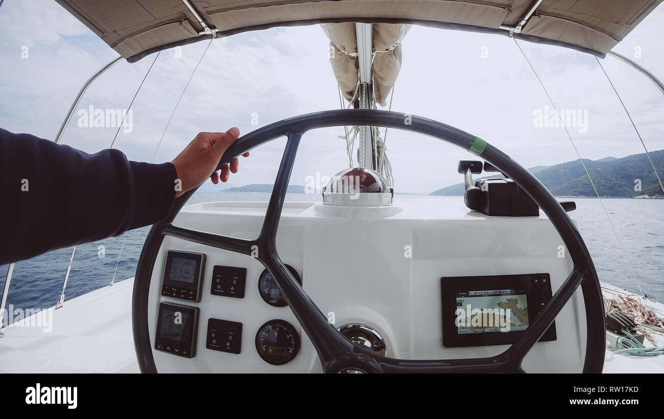 Ship control panel with steering wheel on the captain bridge Stock ...