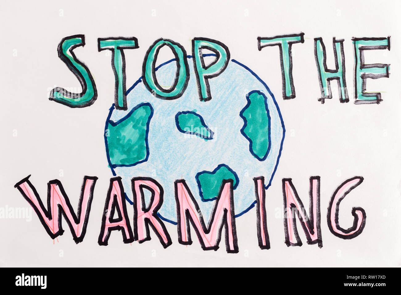 globe sign and handwritten lettering "stop the warming" on white ...