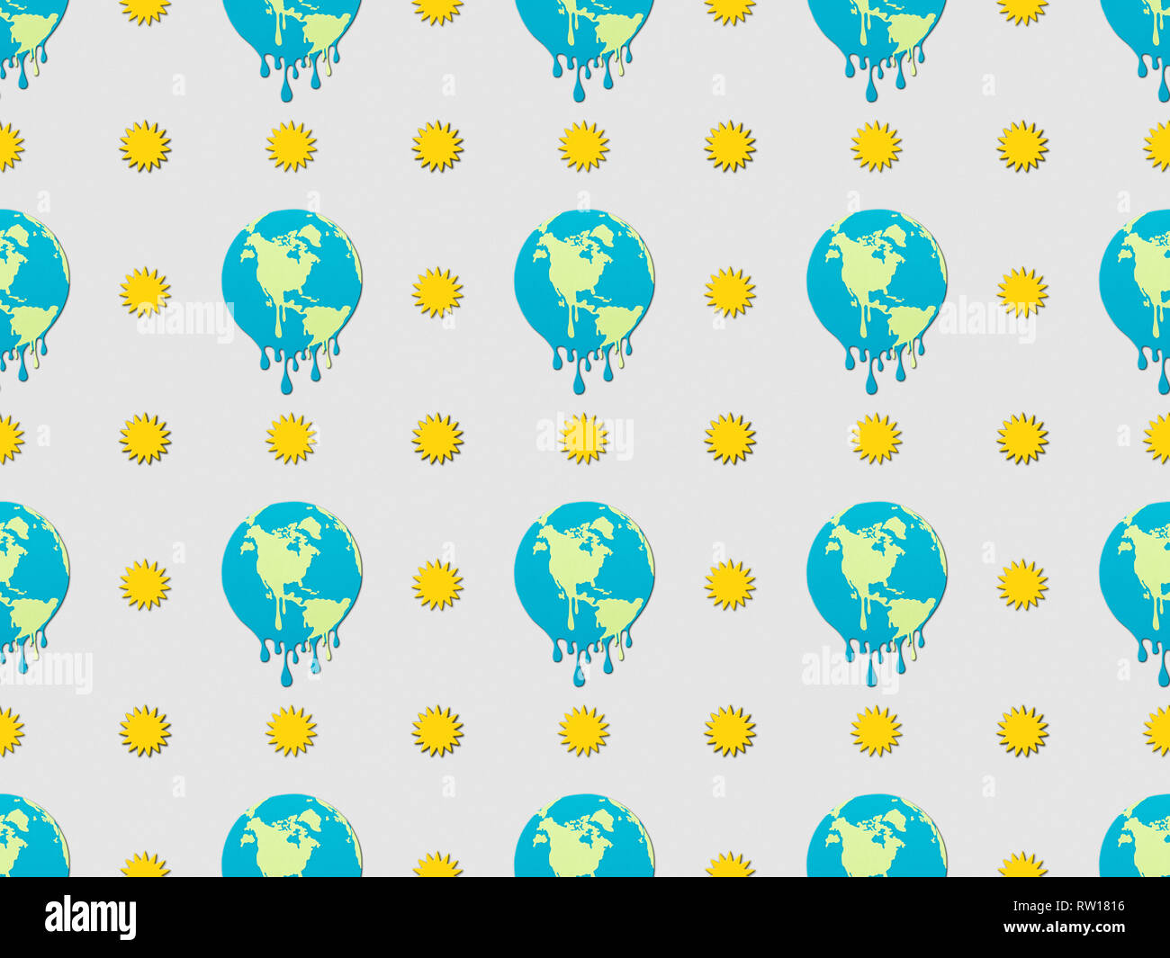 pattern with melting globes and sun signs on grey background, global ...
