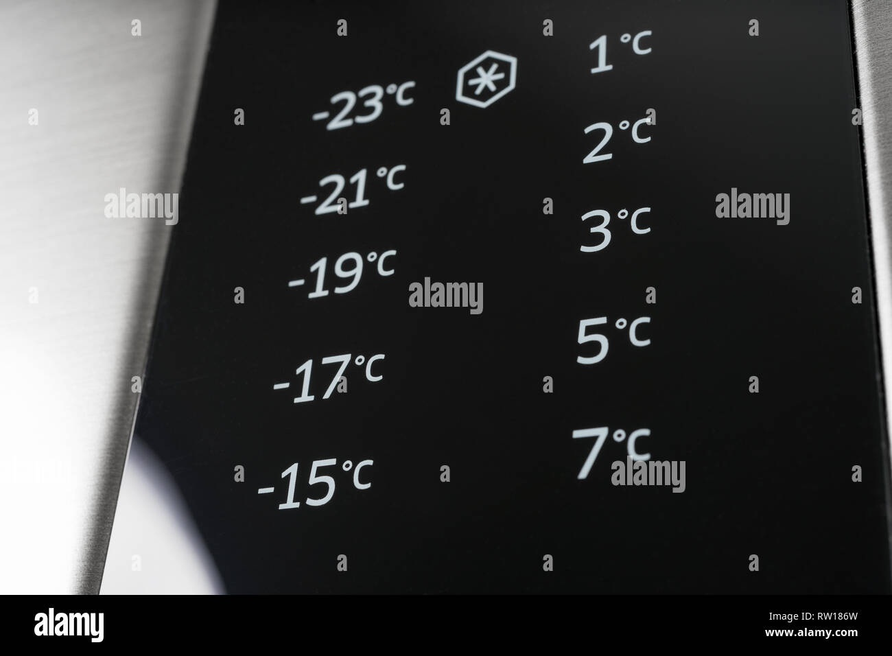 Closeup of modern steel colored fridge and freezer control panel ...