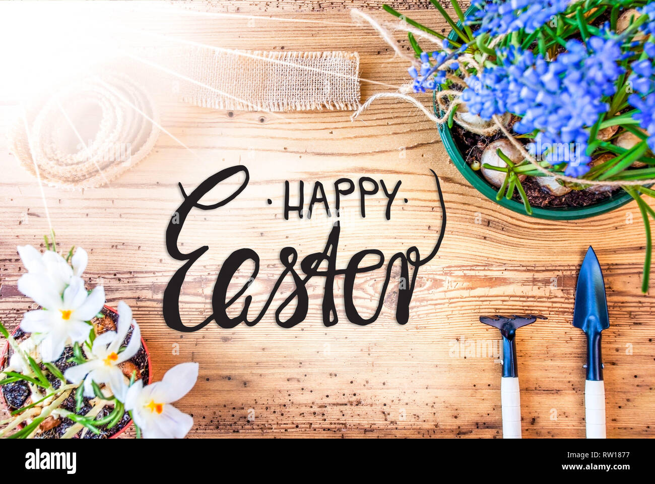 Sunny Spring Flowers, Calligraphy Happy Easter, Wooden Background Stock ...