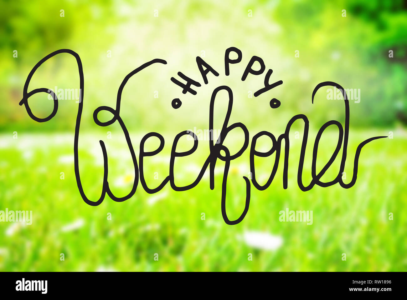 Sunny Spring Meadow, Daisy, Calligraphy Happy Weekend Stock Photo - Alamy