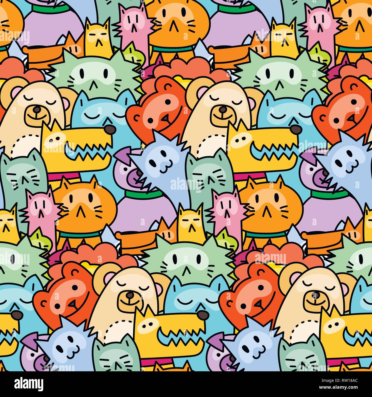 Seamless pattern with cute animals. Dogs, Cats, lion. Vector ...