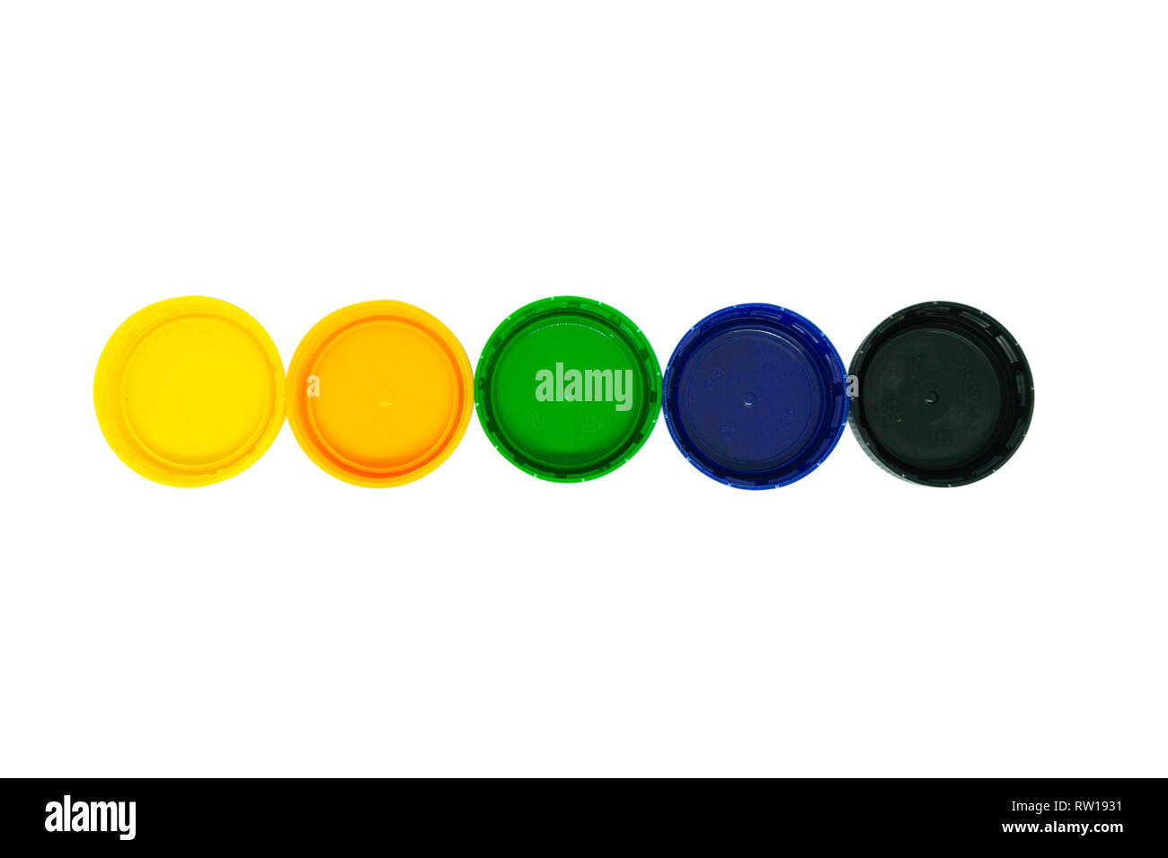 Five plastic caps isolated on white background Stock Photo - Alamy