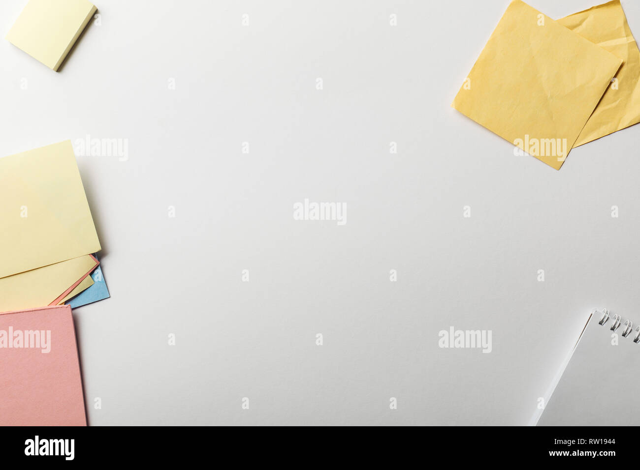 top view of notebook near sticky notes on white background Stock Photo ...