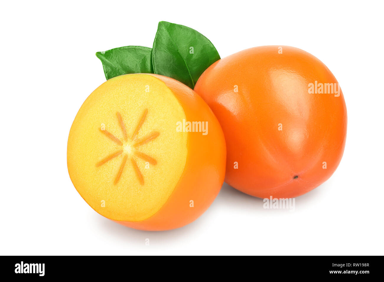 Persimmon fruit with leaves isolated on white background close-up Stock ...