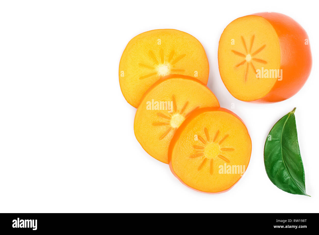 persimmon slice with leaves isolated on white background with copy ...