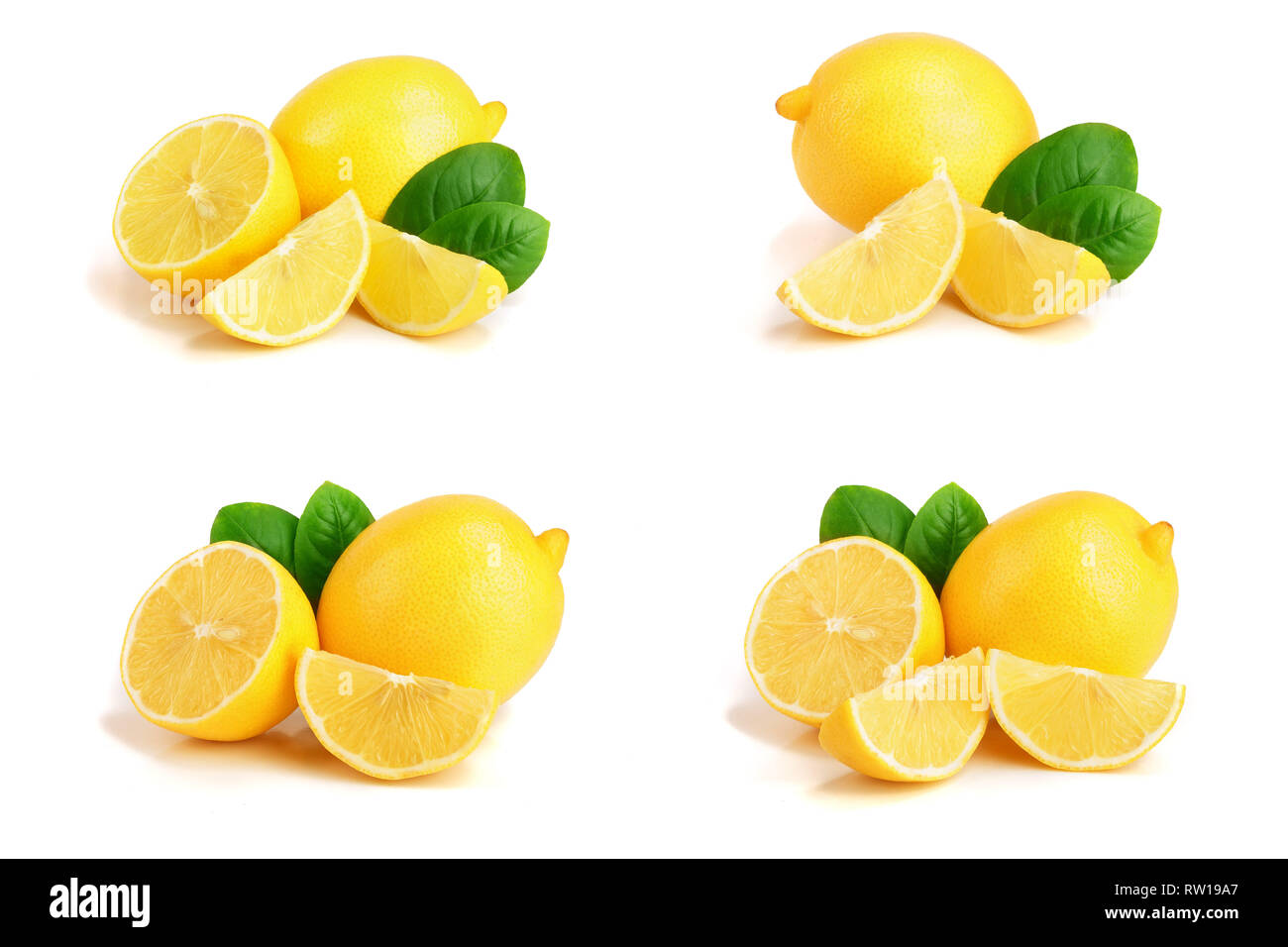 Lemon with leaf isolated on white background. Set or collection Stock ...