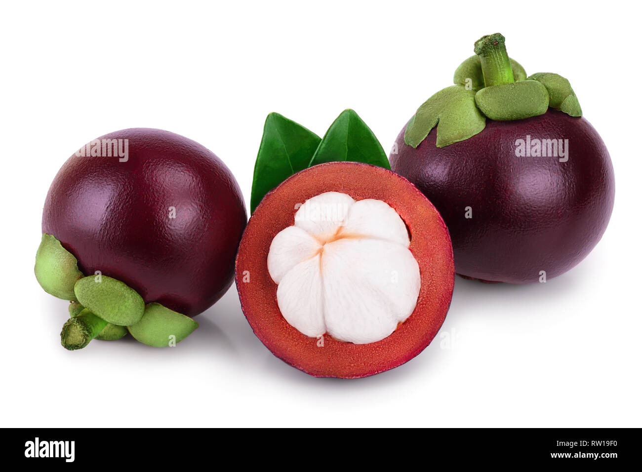 ripe mangosteen with leaves isolated on white background closeup Stock ...