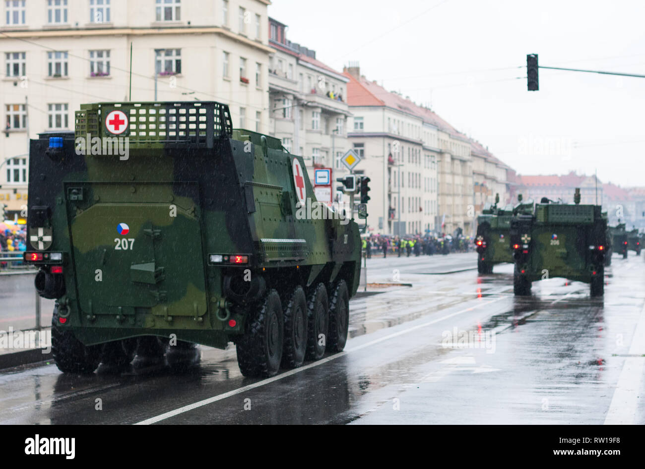 European street, Prague-October 28, 2018: Soldiers of Czech Army are ...