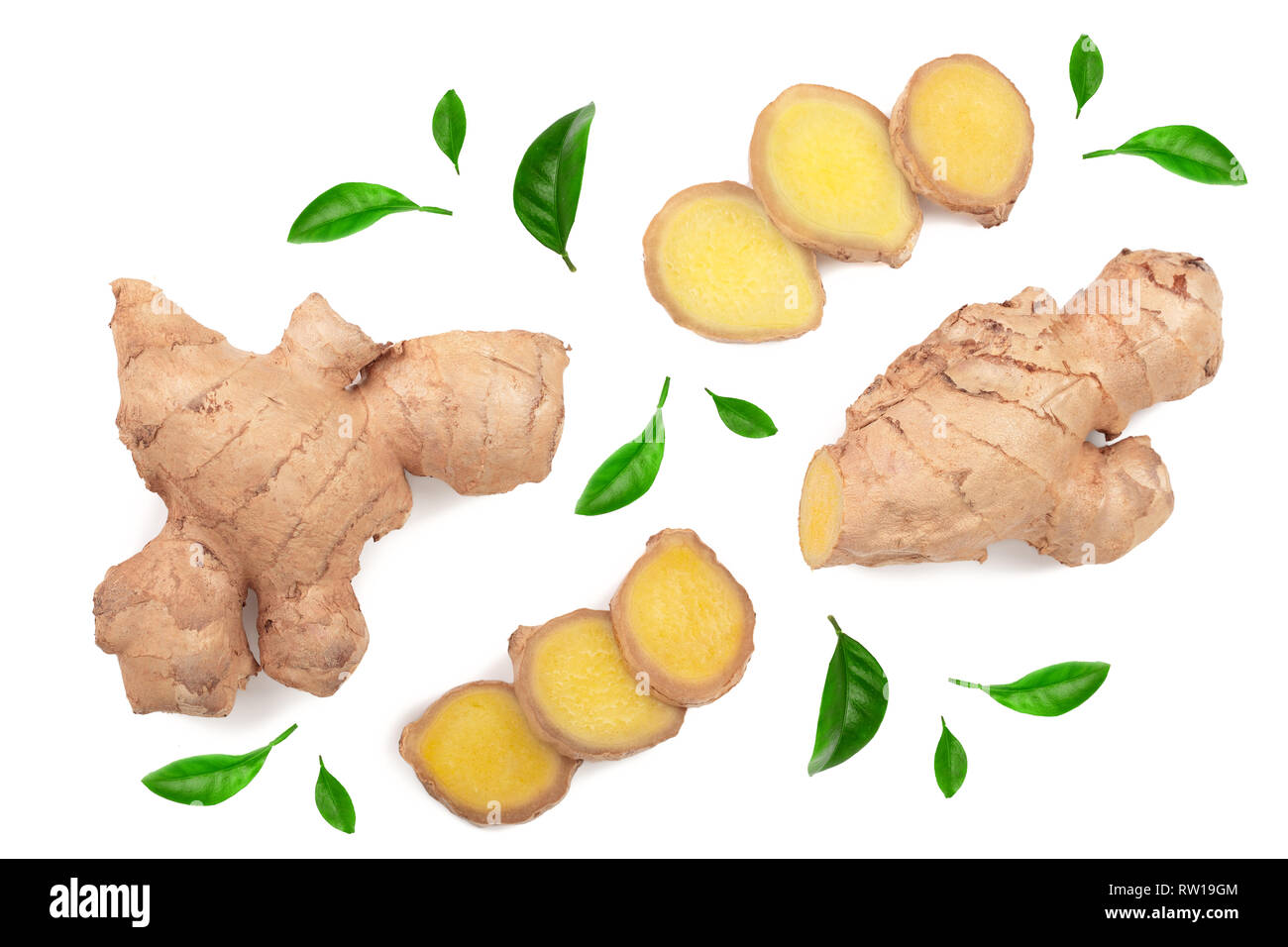 fresh Ginger root and slice isolated on white background. Top view ...