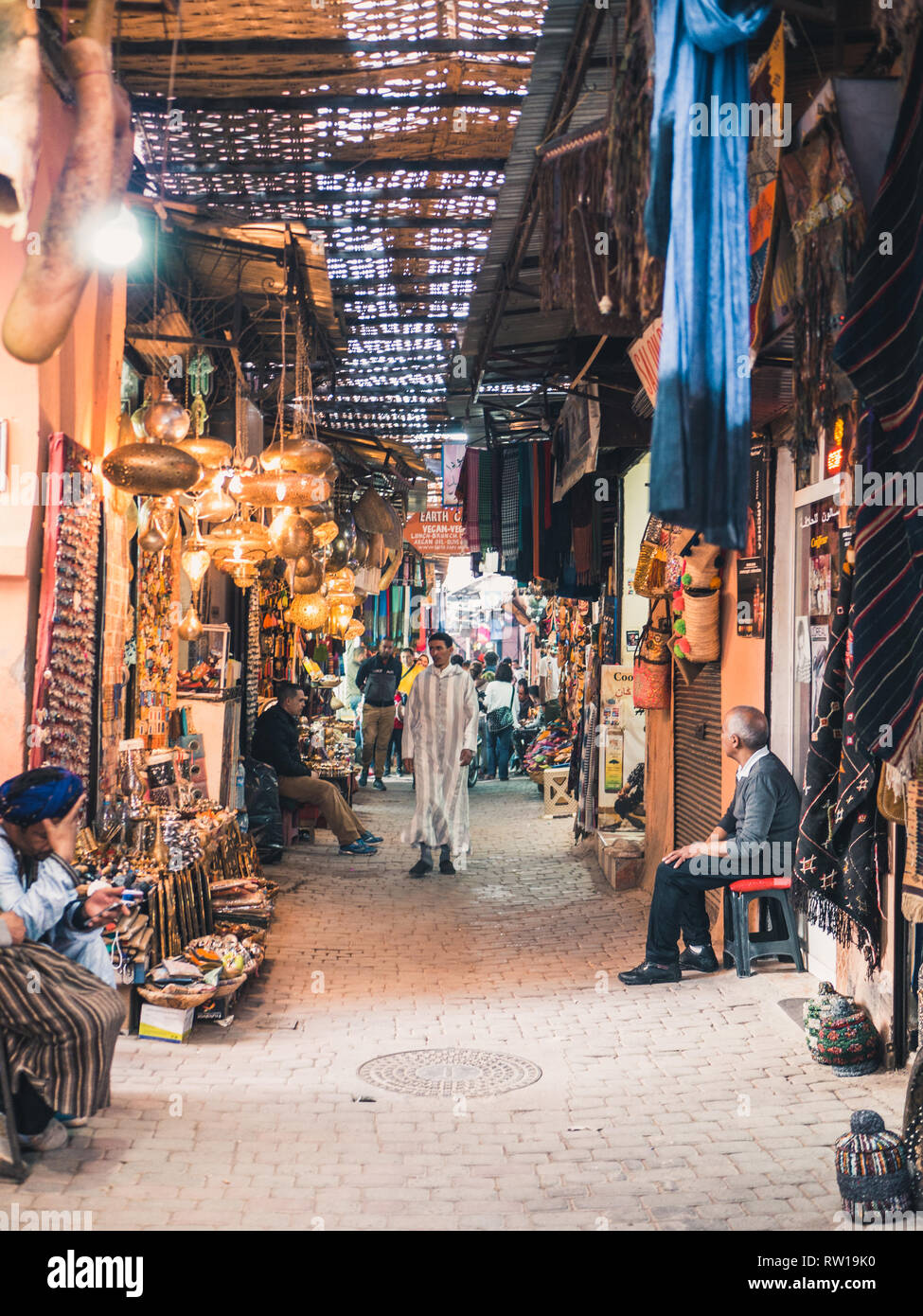 MARRAKESH, MOROCCO - March 27, 2018: Cobblestone Street of the old ...