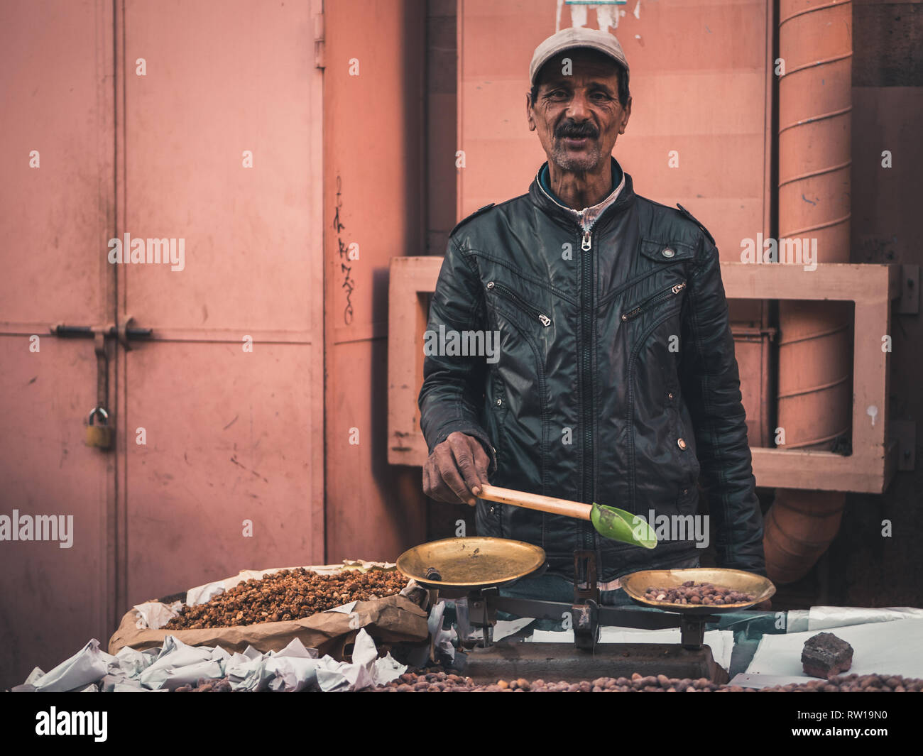 MARRAKESH, MOROCCO - March 27, 2018: portrait of a male vendor on the ...