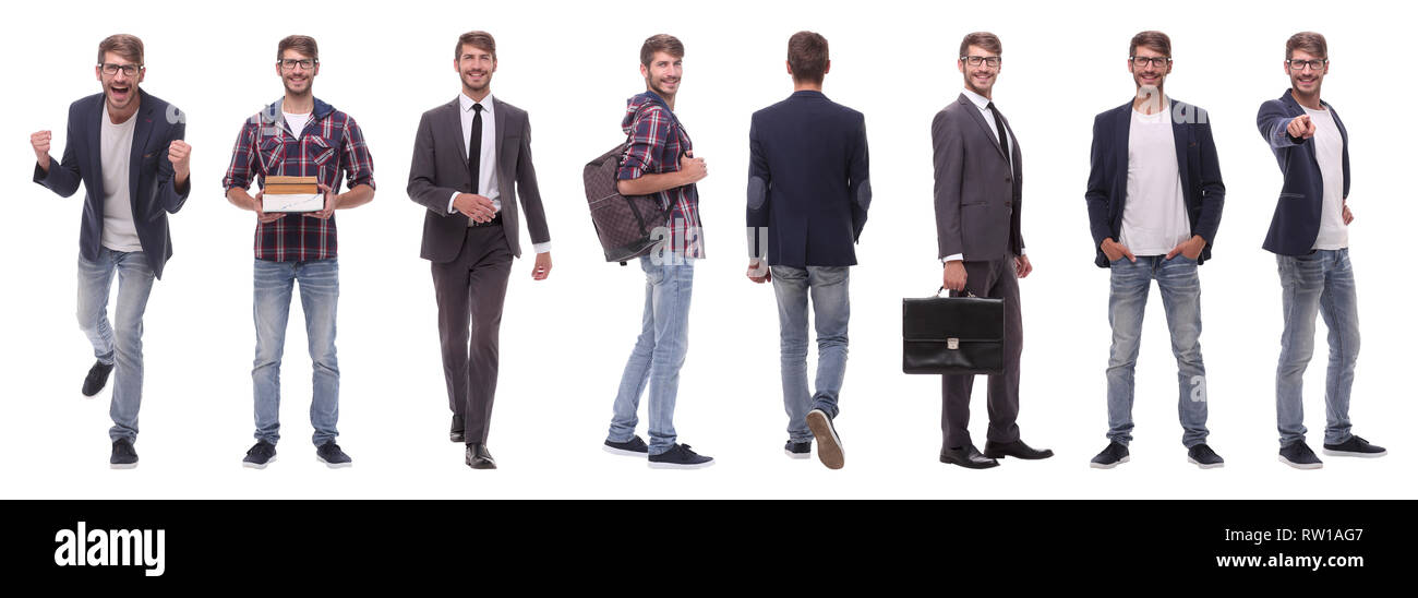 panoramic collage of self-motivated young man .isolated on white Stock ...