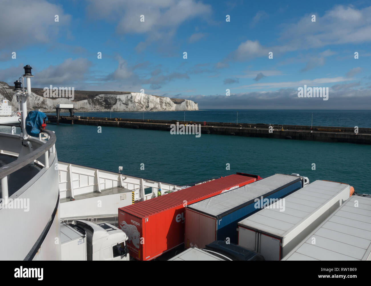 DFDS Ferry at entering Dover port with container lorries on the open ...