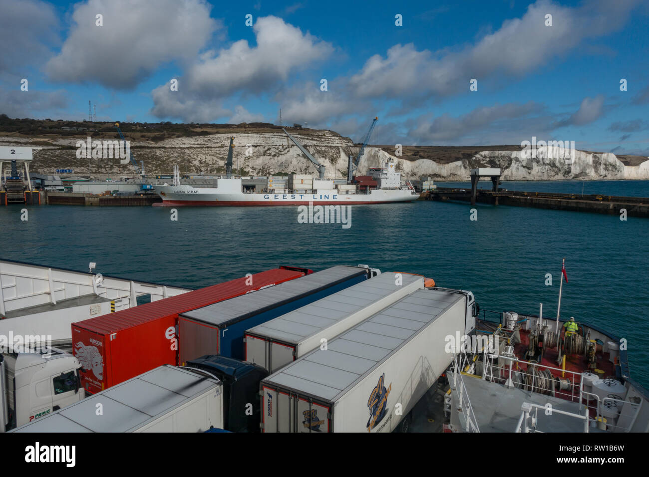 DFDS Ferry at entering Dover port with container lorries on the open ...