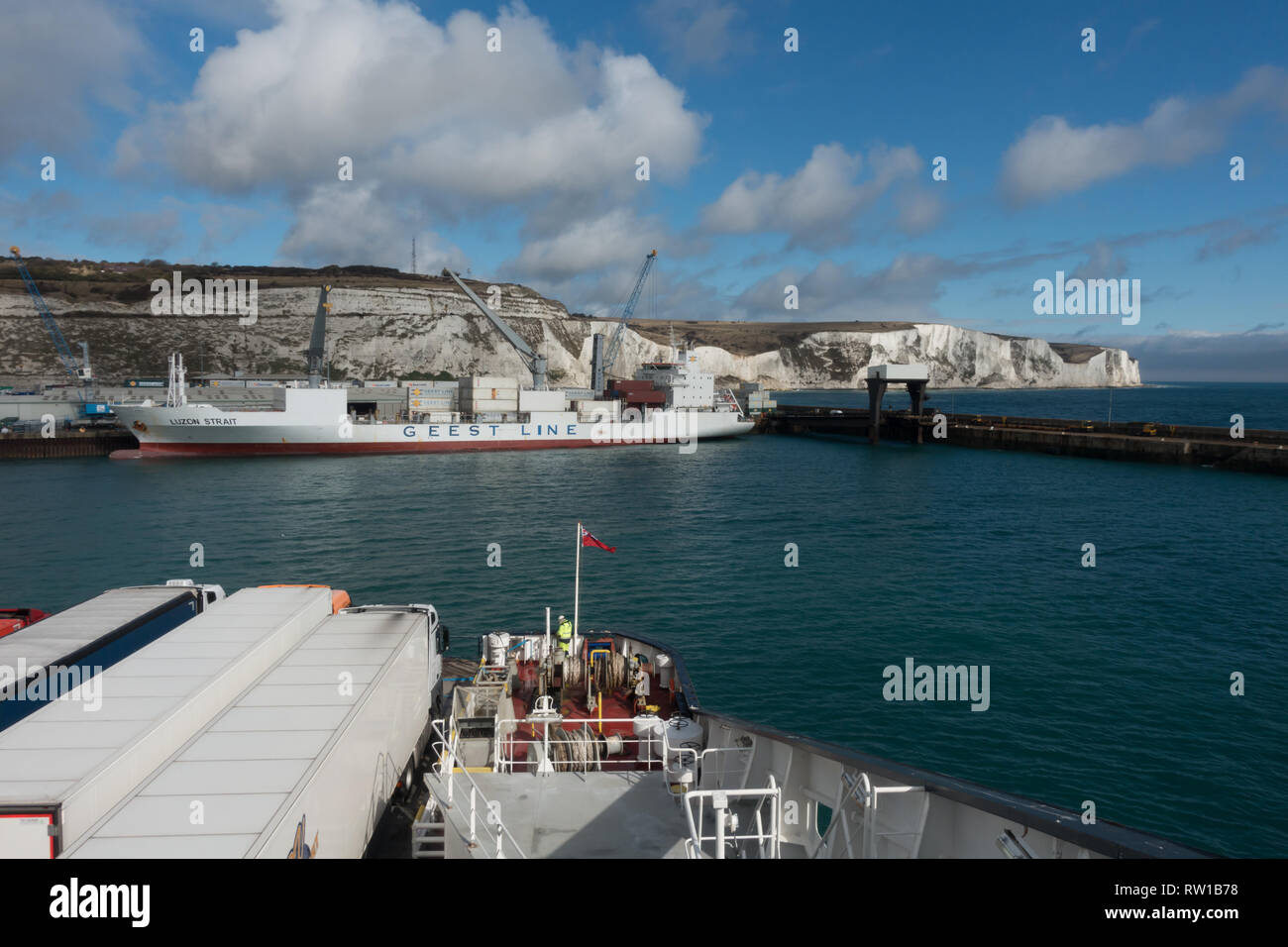 DFDS Ferry at entering Dover port with container lorries on the open ...