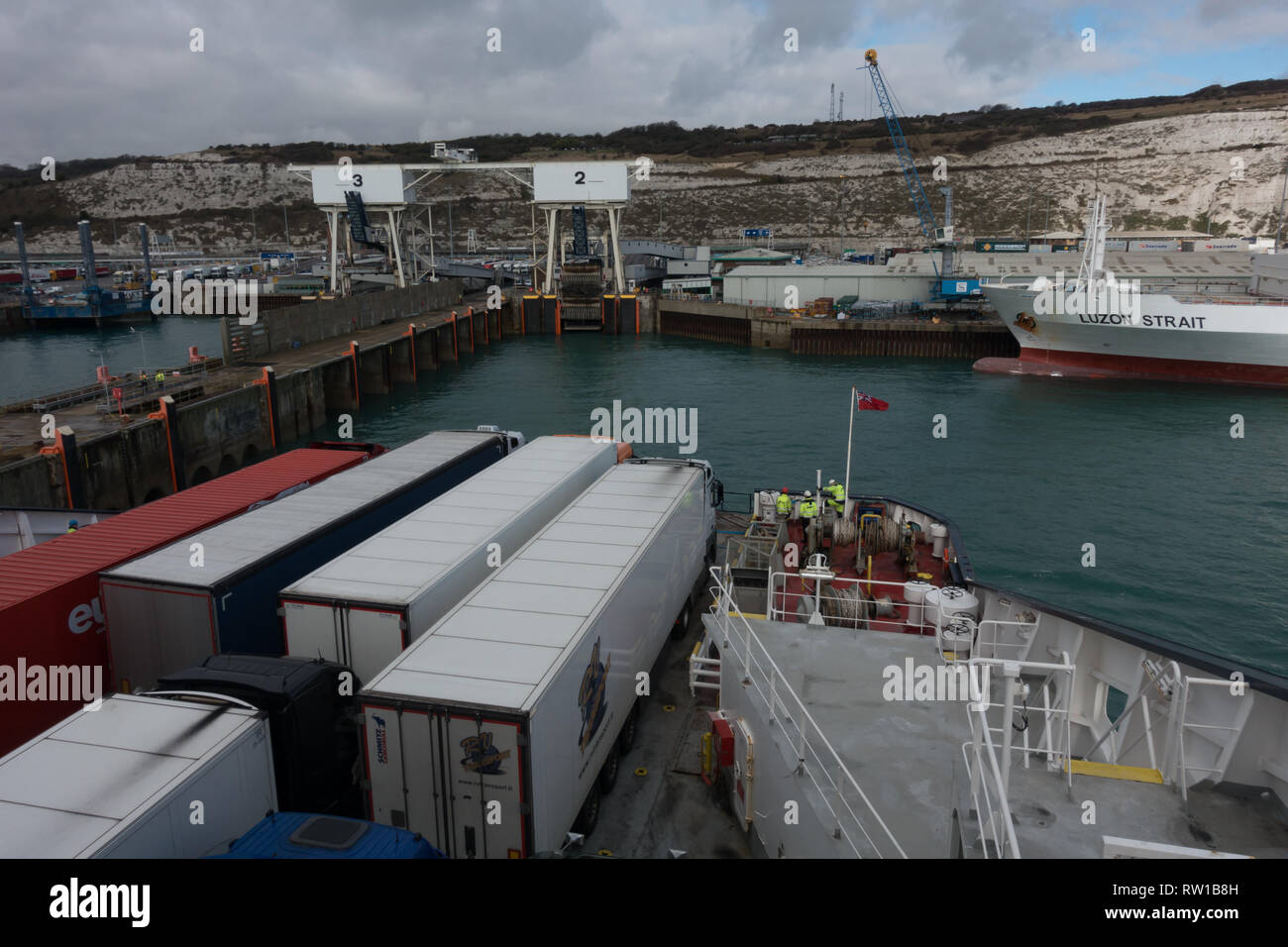DFDS Ferry at entering Dover port with container lorries on the open ...