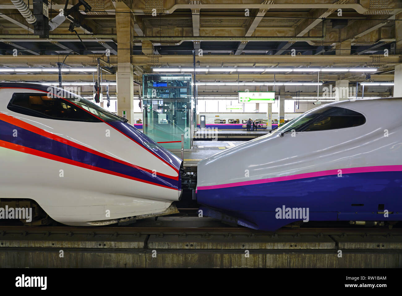 TOKYO, JAPAN -24 OCT 2018- Coupling of two Shinkansen high-speed bullet trains operated by JR ...