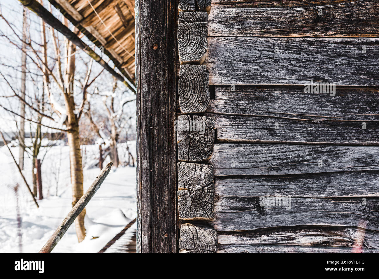 old weathered wooden house and trees with snow at daytime Stock Photo ...