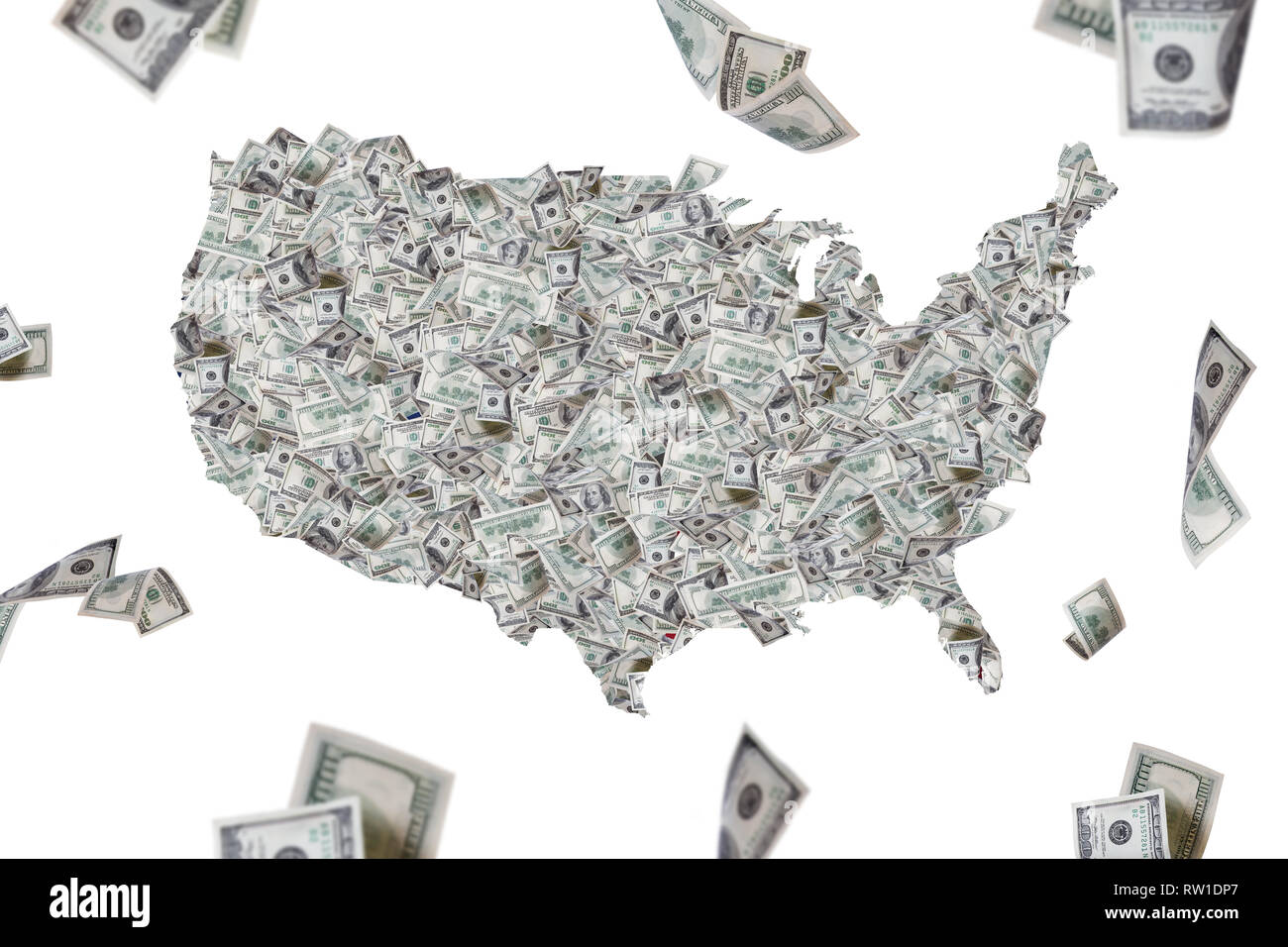USA map on American cash and dollar banknotes flying around, isolated ...