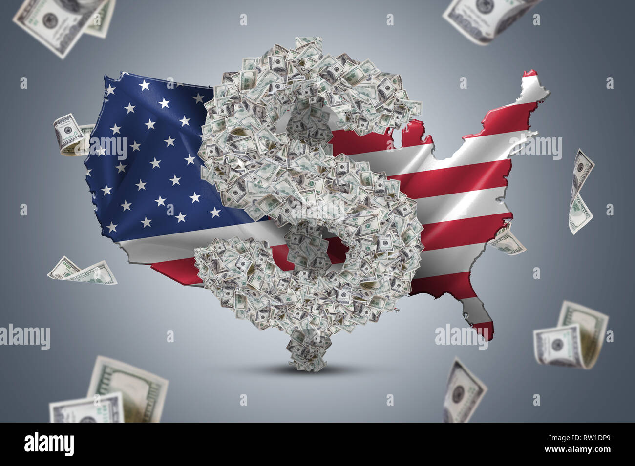 Wavy USA flag map with American cash and dollar banknotes flying Stock ...