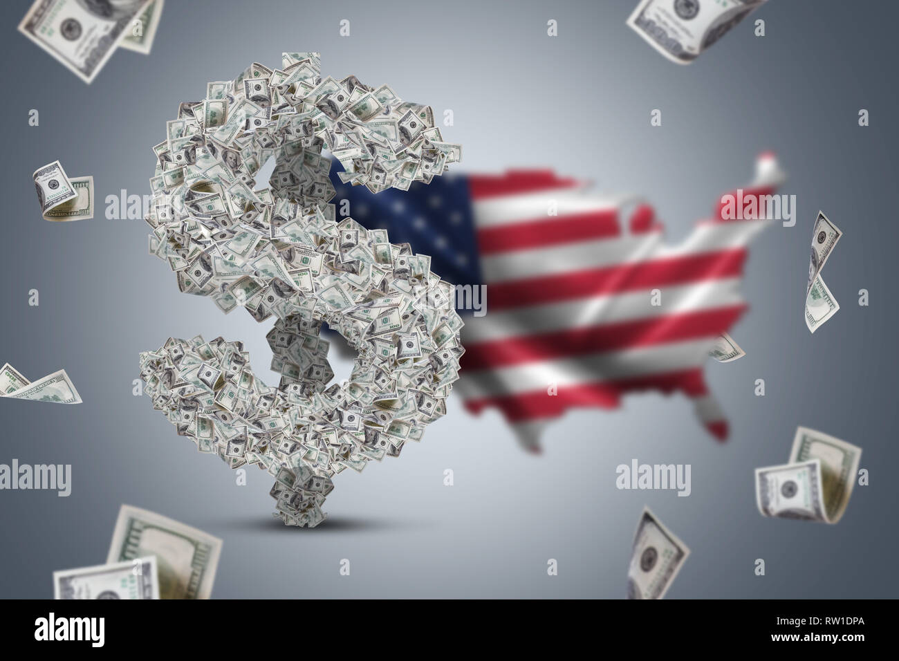 Wavy USA flag map with American cash and dollar banknotes flying Stock ...