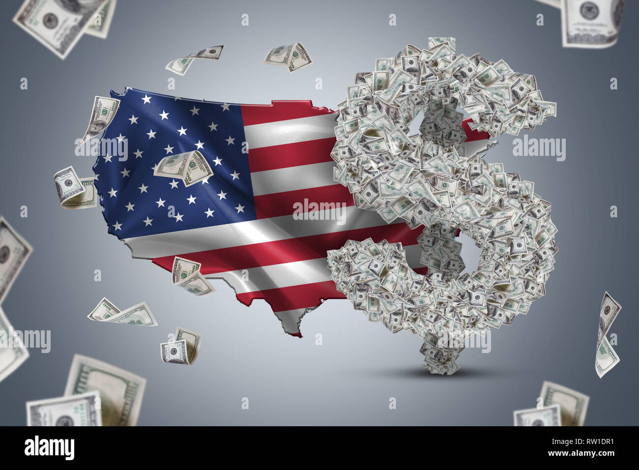 Wavy USA flag map with American cash and dollar banknotes flying Stock ...