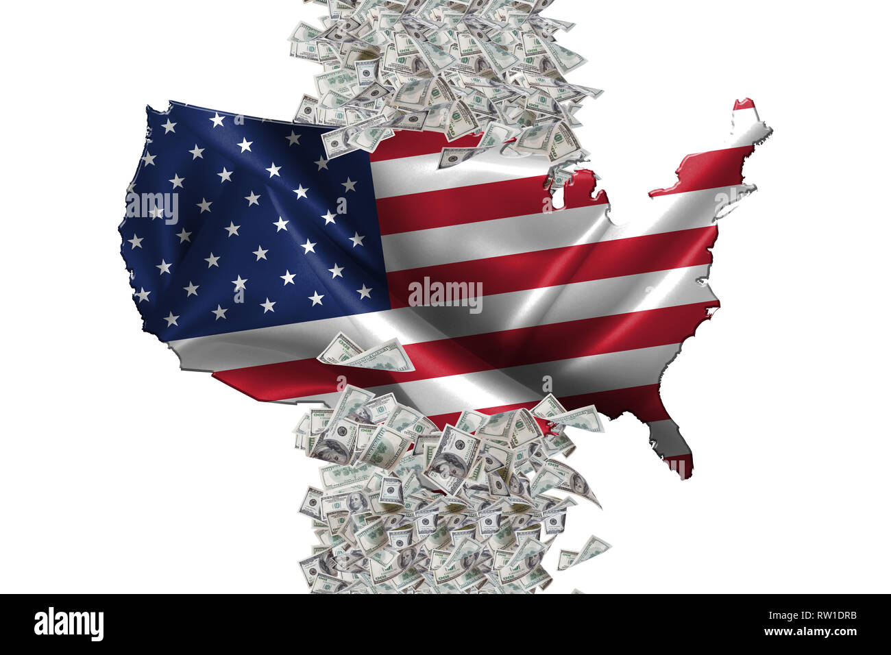Wavy flag, USA map with American cash and dollar banknotes flying ...