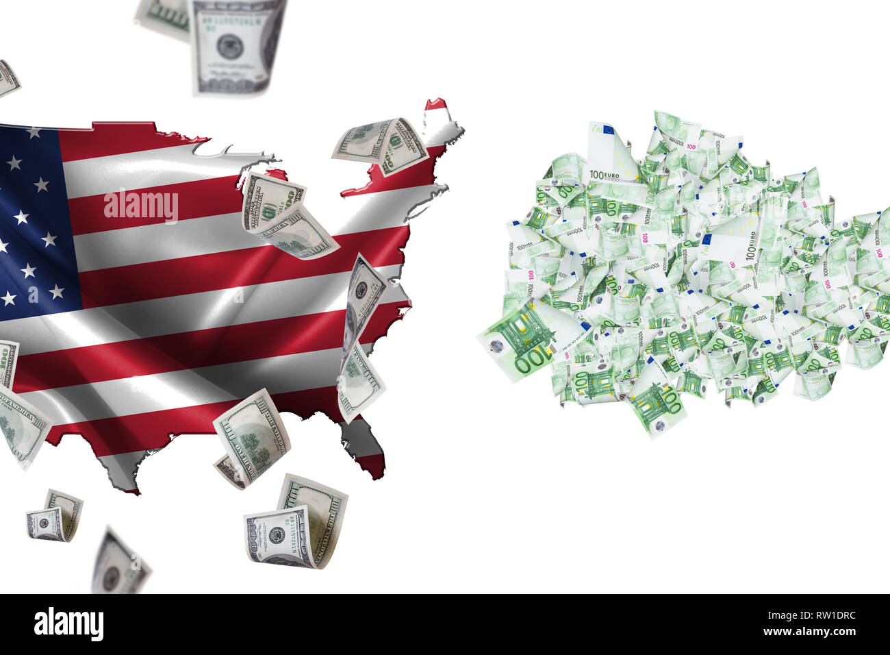 USA map with American cash and dollar banknotes flying against euro ...
