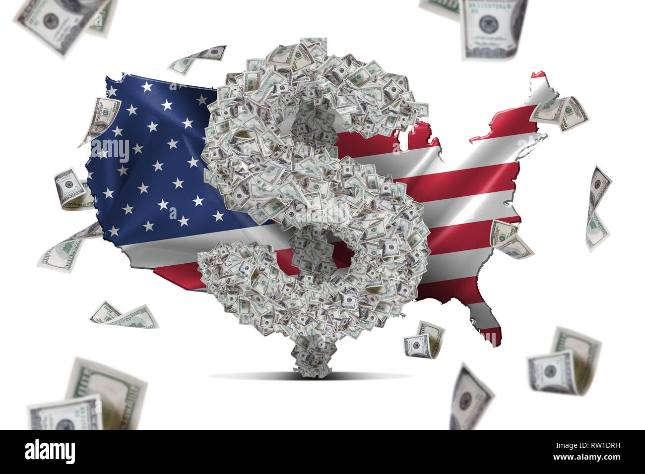 Wavy flag, USA map with American cash and dollar banknotes flying ...