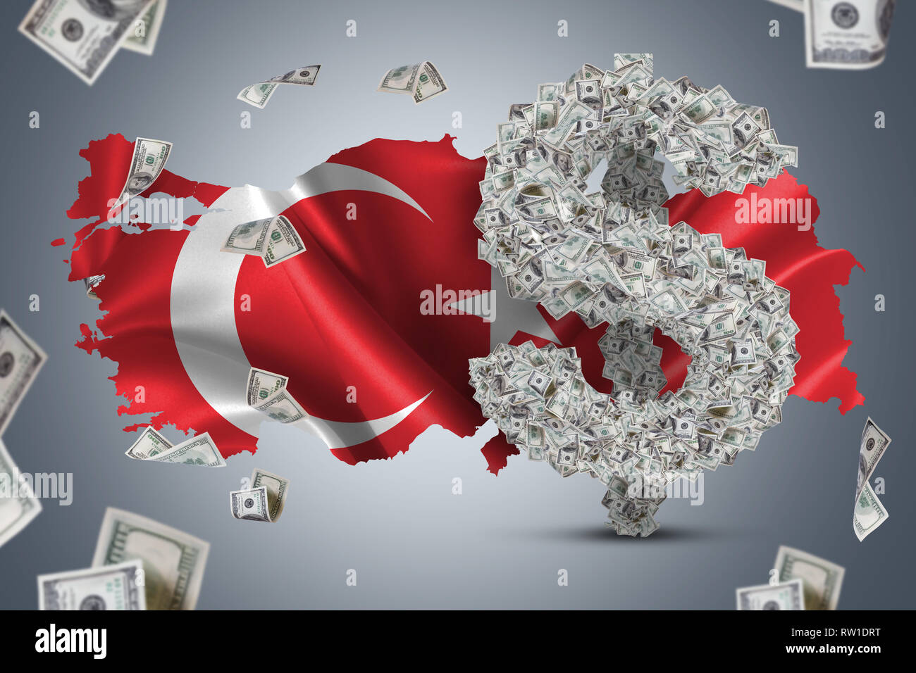 Wavy flag, Turkey map with American cash and dollar banknotes flying ...