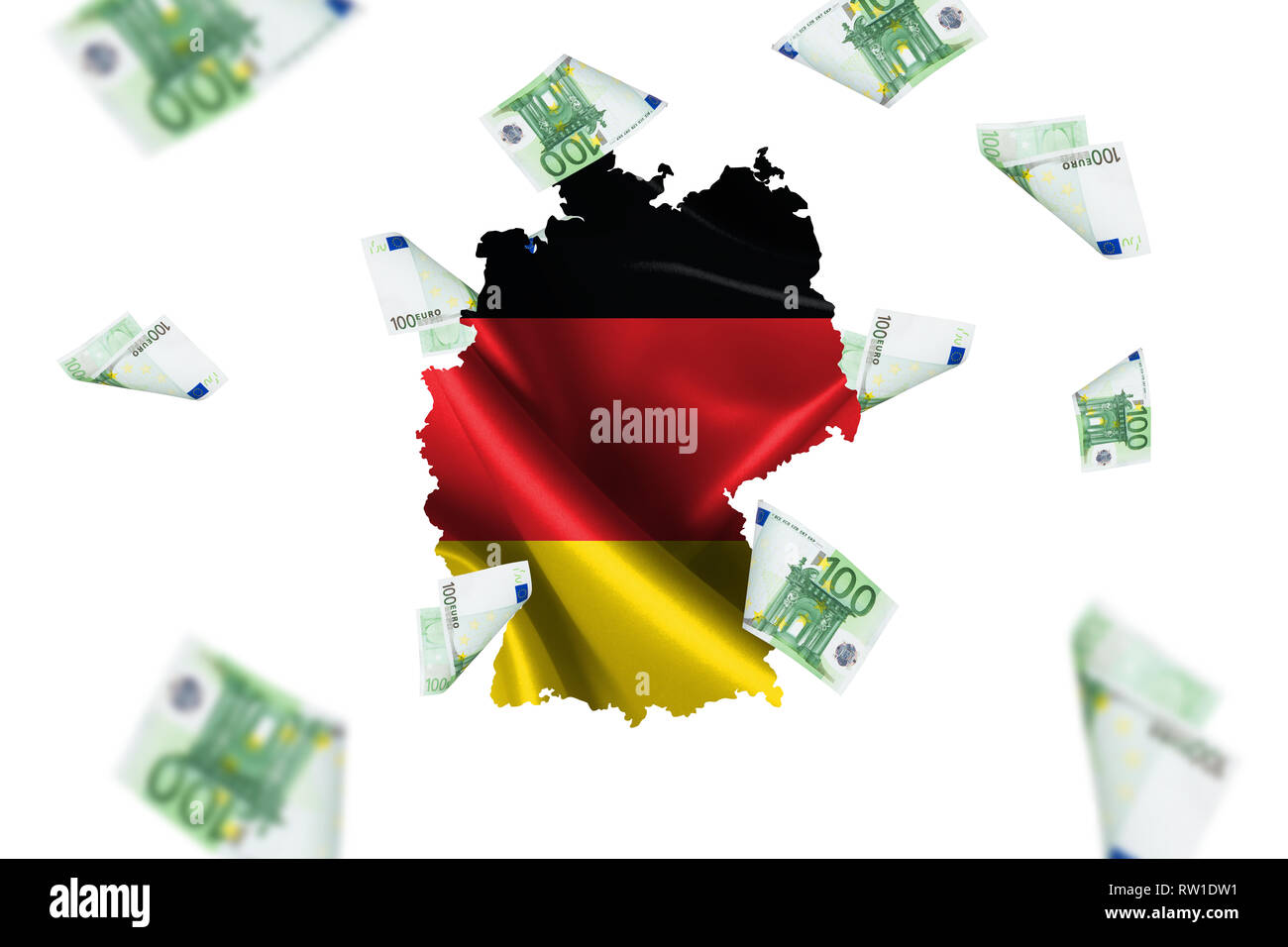 Wavy flag, Germany map with European cash euro banknotes flying around ...
