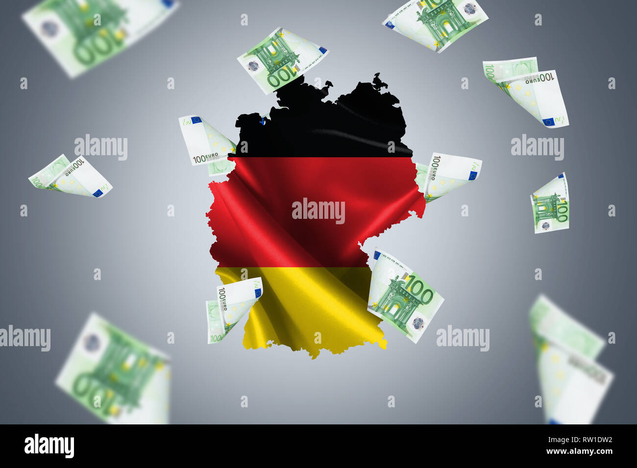 Wavy flag, Germany map with European cash euro banknotes flying around ...
