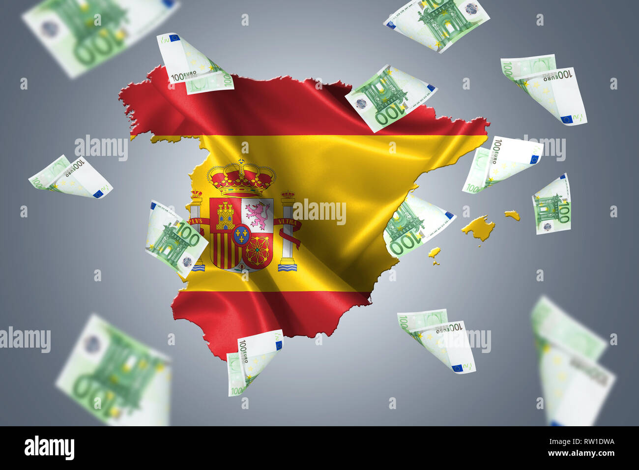 Wavy flag, Spanish map with European cash euro banknotes flying around ...