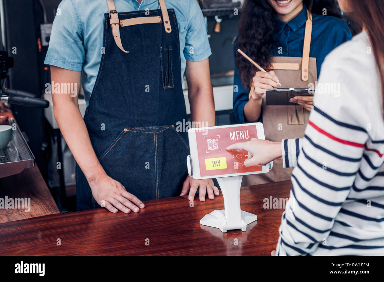 customer self service order drink menu with tablet screen at cafe ...