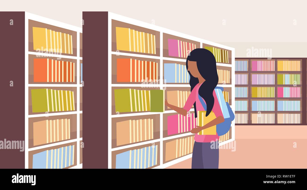 african girl student choosing books schoolgirl near bookshelves modern ...