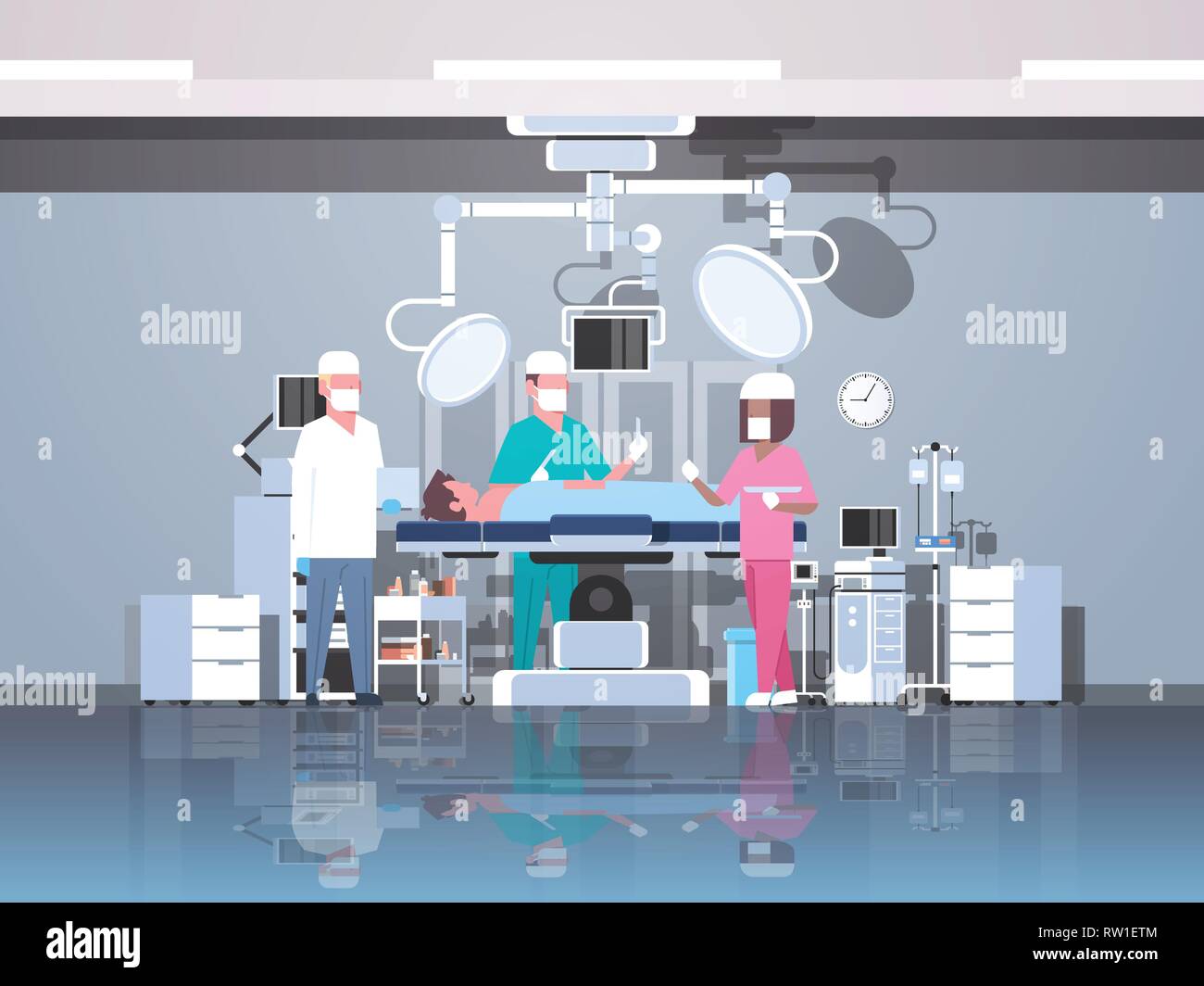 mix race surgeons team surrounding patient lying on operation table ...